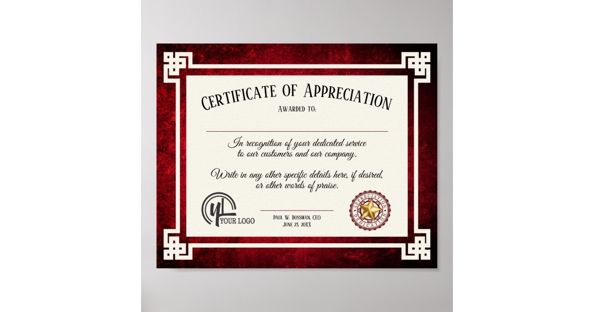 Certificate of appreciation employee volunteer poster | Zazzle