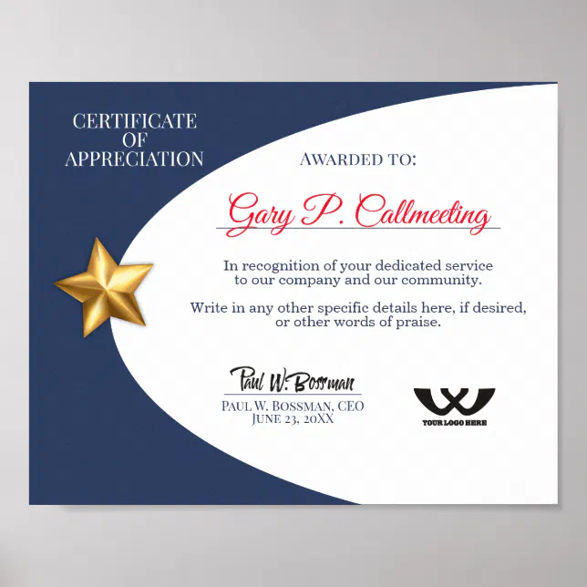 Certificate of appreciation volunteer employee poster | Zazzle