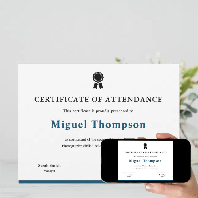 Certificate of attendance formal participant card | Zazzle