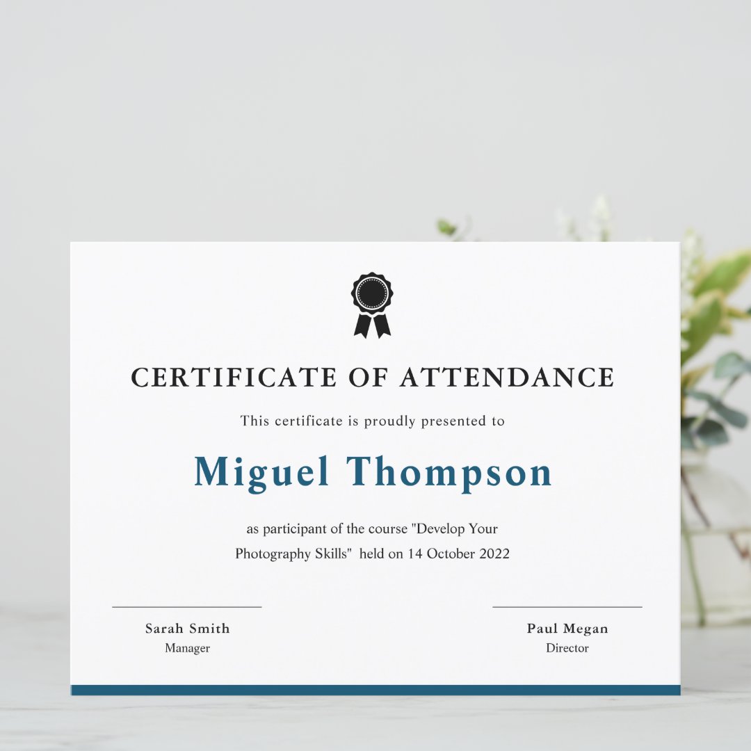 Certificate of attendance formal participant card | Zazzle