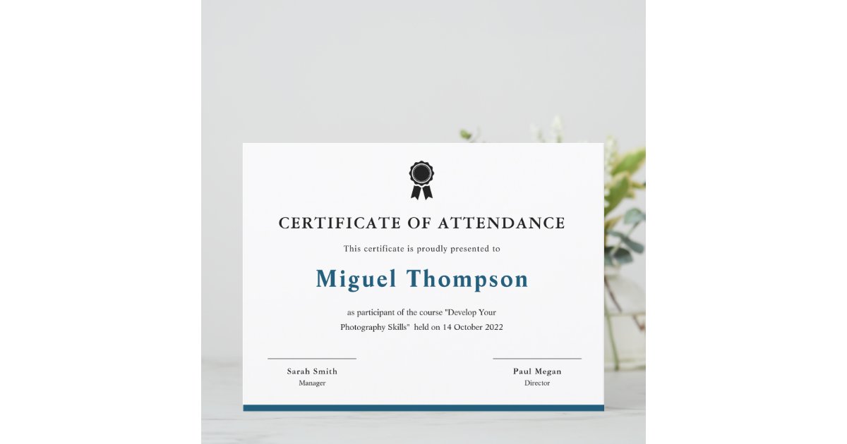 Certificate of attendance formal participant card | Zazzle