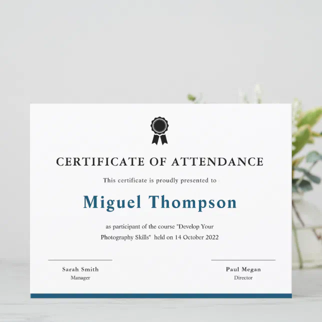 Certificate of attendance formal participant card | Zazzle