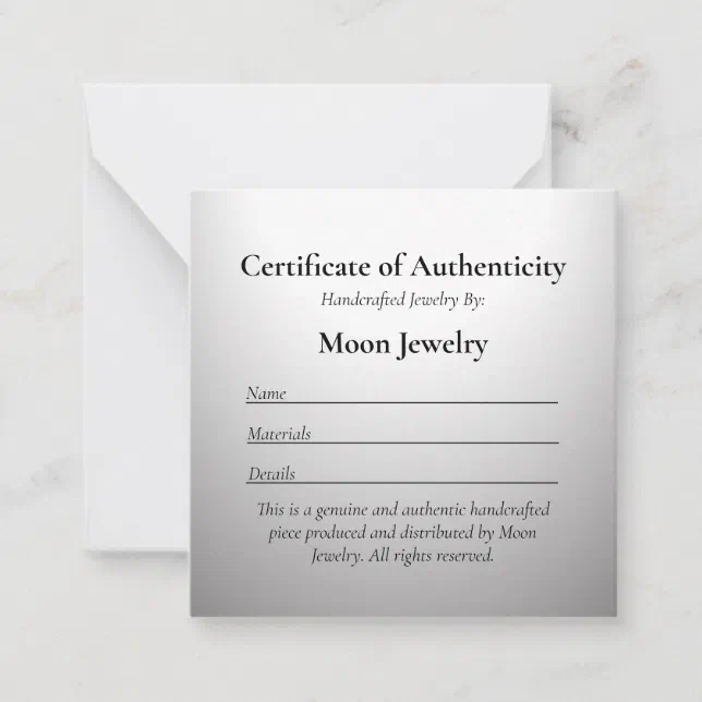 Certificate of Authenticity for Jewelry Silver Note Card | Zazzle