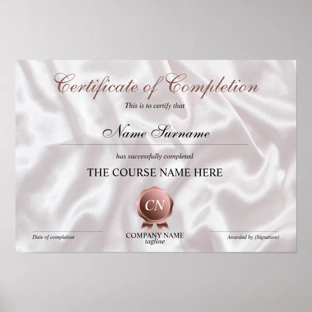 Certificate of Completion Award Course Completion Poster | Zazzle