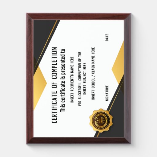 Certificate of Completion Award Plaque | Zazzle
