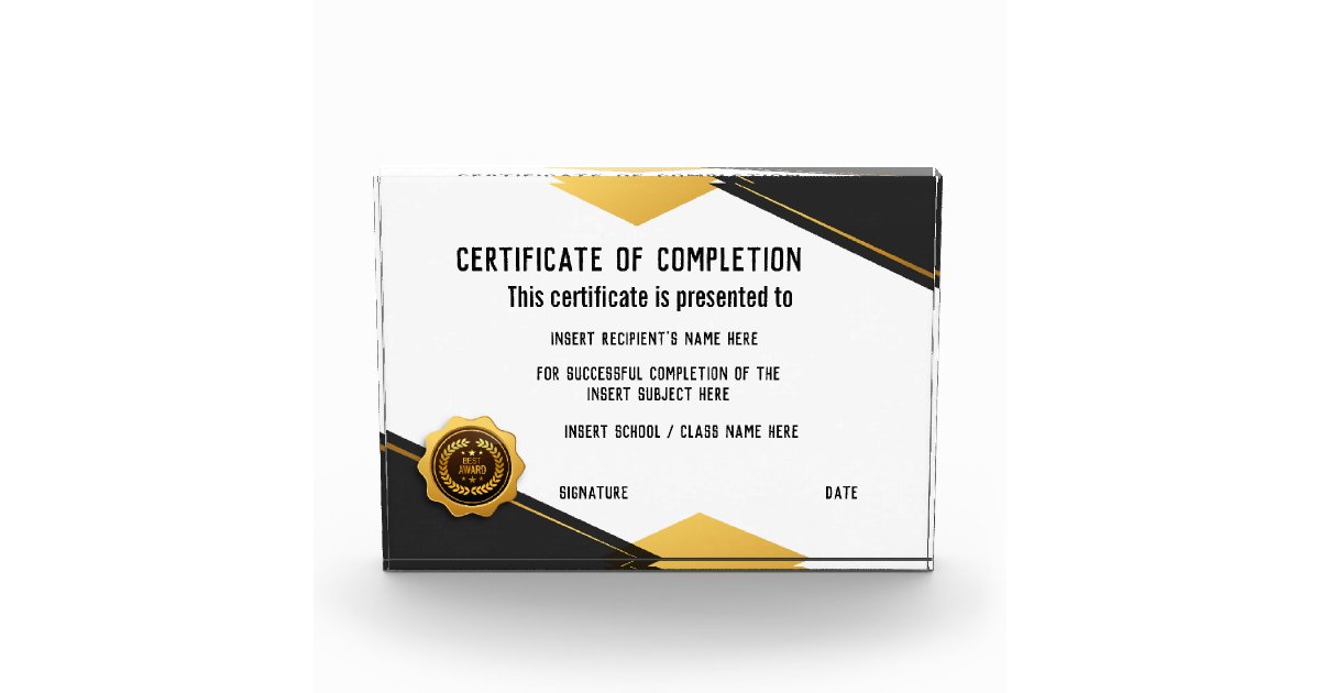 Certificate of Completion Award Plaque | Zazzle