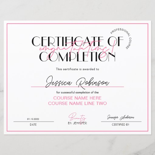 Certificate of Completion Beauty Lashes Pink Award | Zazzle