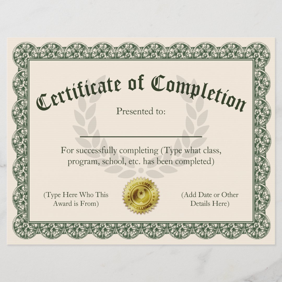 Certificate of Completion, Customizable 8.5x11 | Zazzle