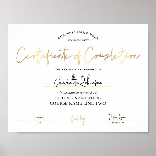 Certificate of Completion Faux Gold Downloadable Poster | Zazzle