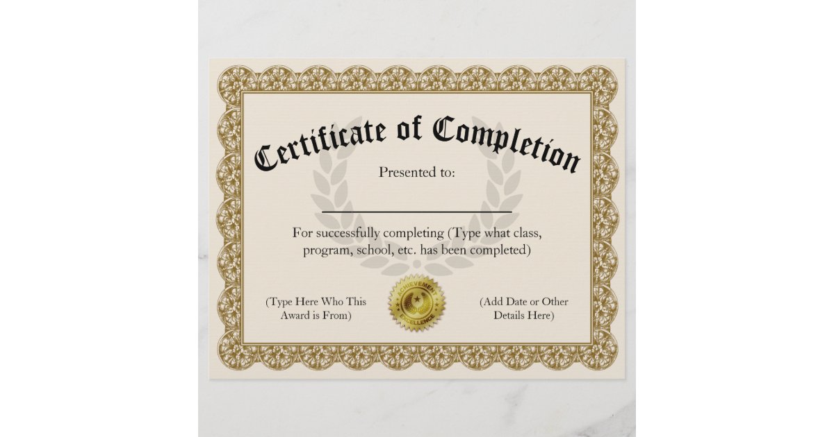 Certificate of Completion Gold Customizable 8.5x11 | Zazzle
