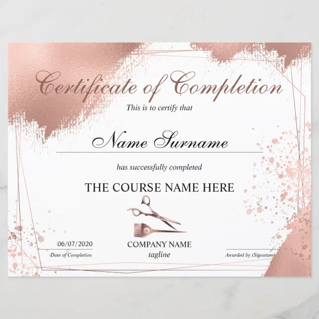 Certificate of Completion Hair stylist Course | Zazzle