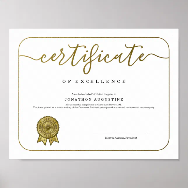 Certificate of Excellence Appreciation Recognition Poster | Zazzle
