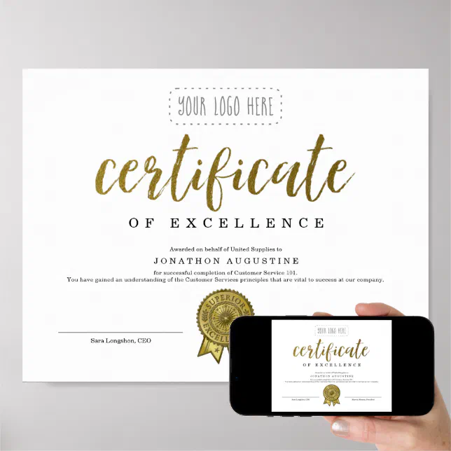 Certificate of Excellence Appreciation Recognition Poster | Zazzle