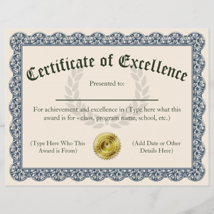 Certificate of Excellence Blue Customizable 8.5x11 | Zazzle.com