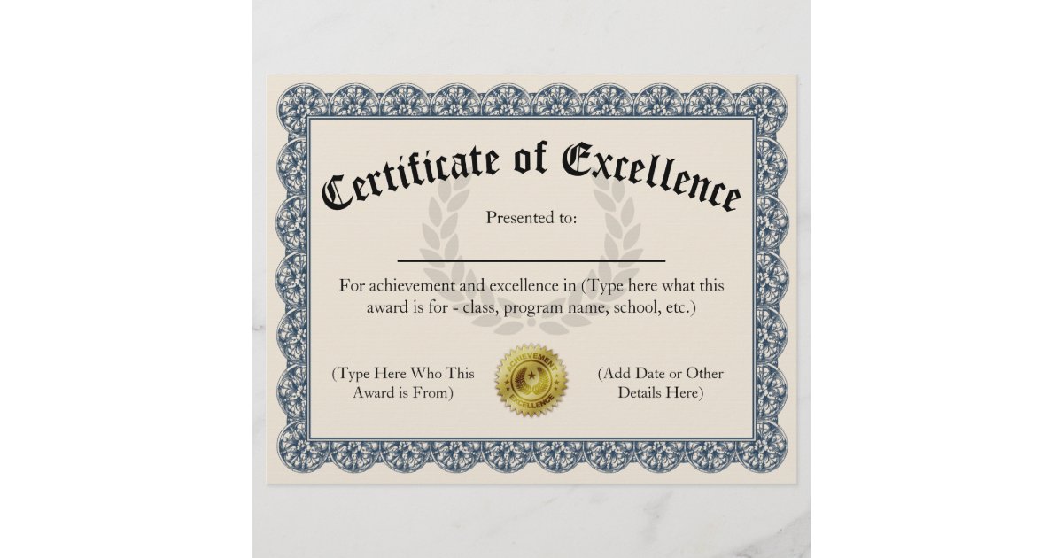 Certificate of Excellence Blue Customizable 8.5x11 | Zazzle