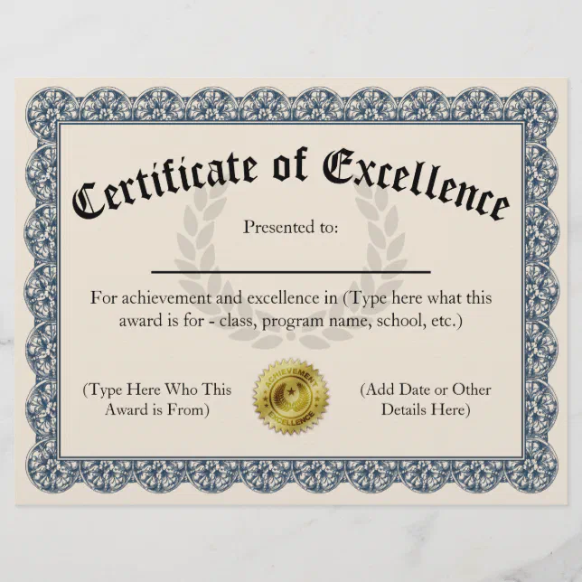 Certificate of Excellence Blue Customizable 8.5x11 | Zazzle