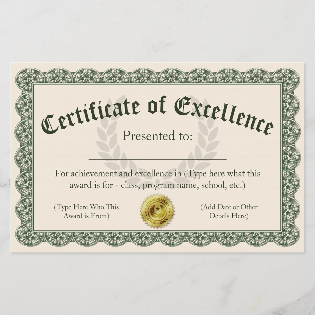 Certificate of Excellence, Customizable Award | Zazzle