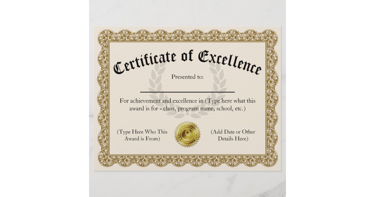 Certificate of Excellence Gold Customizable 8.5x11 | Zazzle