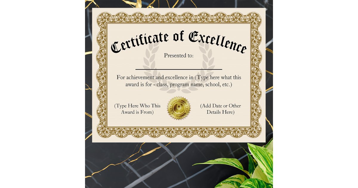 Certificate of Excellence Gold Customizable 8.5x11 | Zazzle