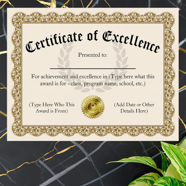 Certificate of Excellence Gold Customizable 8.5x11 | Zazzle