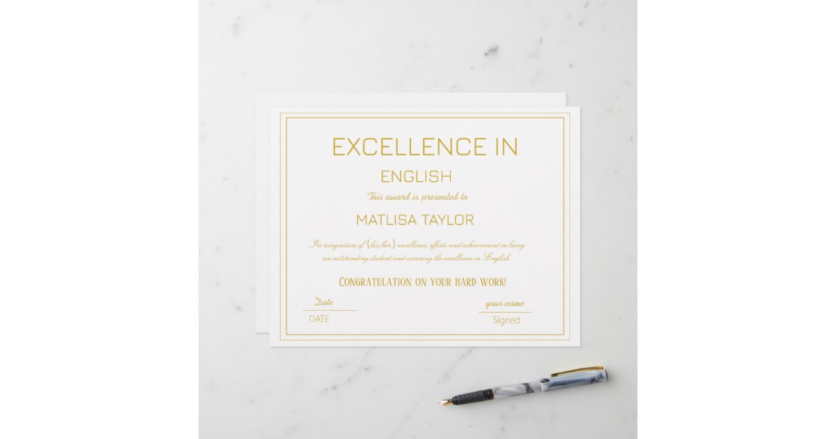 Certificate Of Excellence in English Achievement | Zazzle