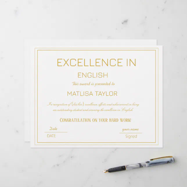 Certificate Of Excellence in English Achievement | Zazzle