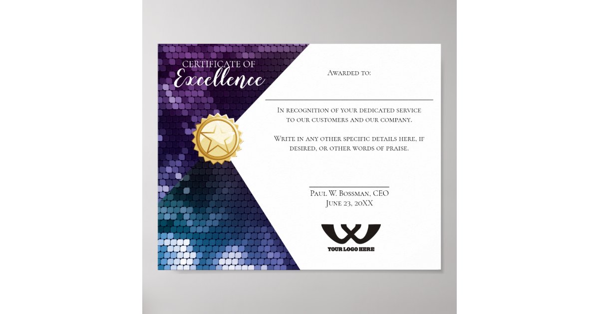 Certificate of excellence staff employee award poster | Zazzle