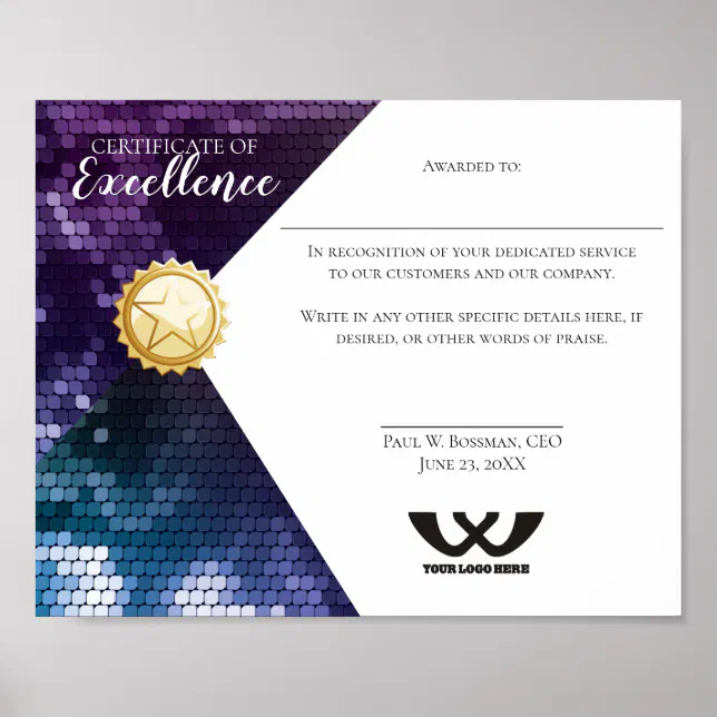Certificate of excellence staff employee award poster | Zazzle