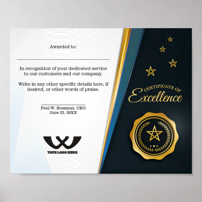 Certificate of excellence staff employee award poster | Zazzle