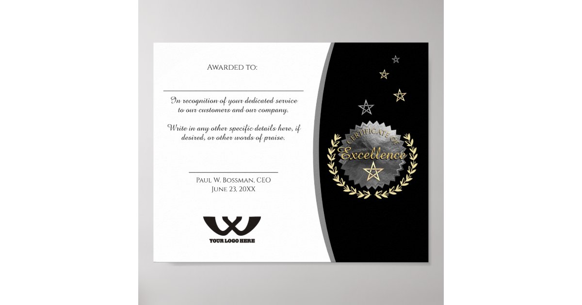 Certificate of excellence staff employee award poster | Zazzle