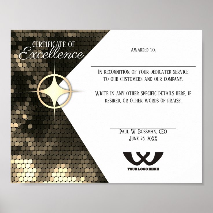Certificate of excellence staff employee award poster | Zazzle