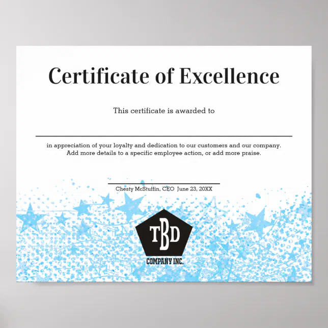 Certificate of excellence staff employee award poster | Zazzle