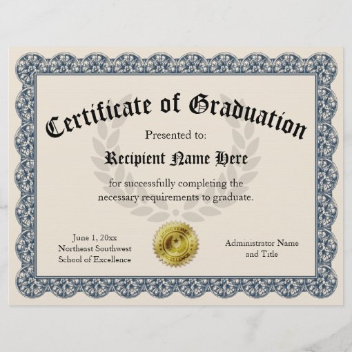 Certificate of Graduation Blue Customizable 8.5x11 | Zazzle