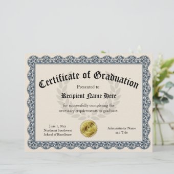 Certificate of Graduation Blue Customizable 8.5x11 | Zazzle