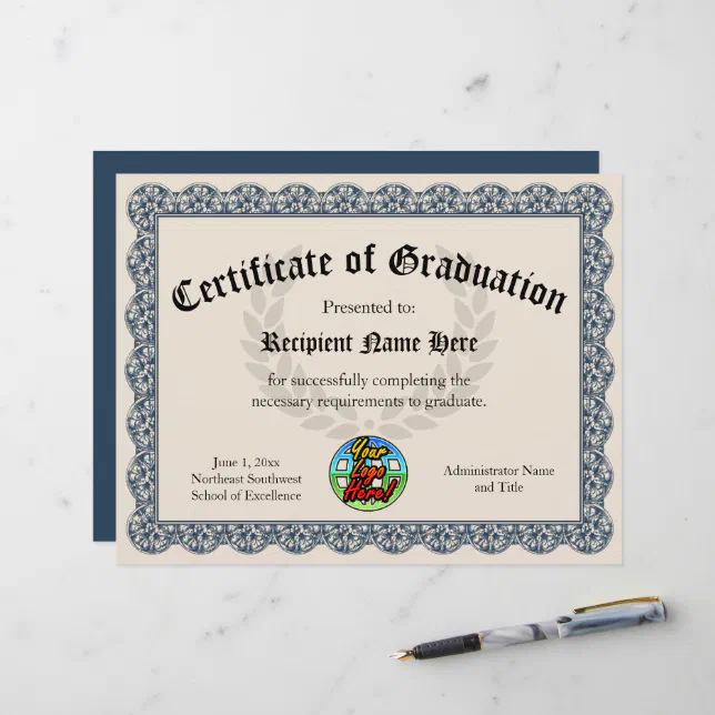 Certificate of Graduation Blue Customizable Logo | Zazzle