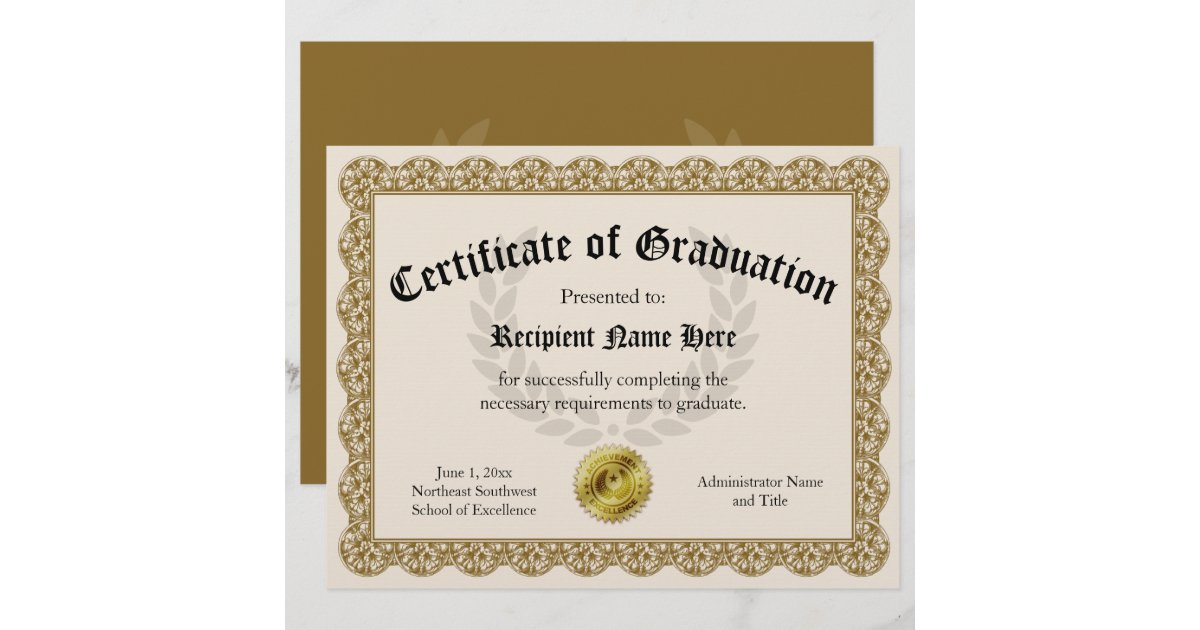 Certificate of Graduation Gold Customizable 8.5x11 | Zazzle