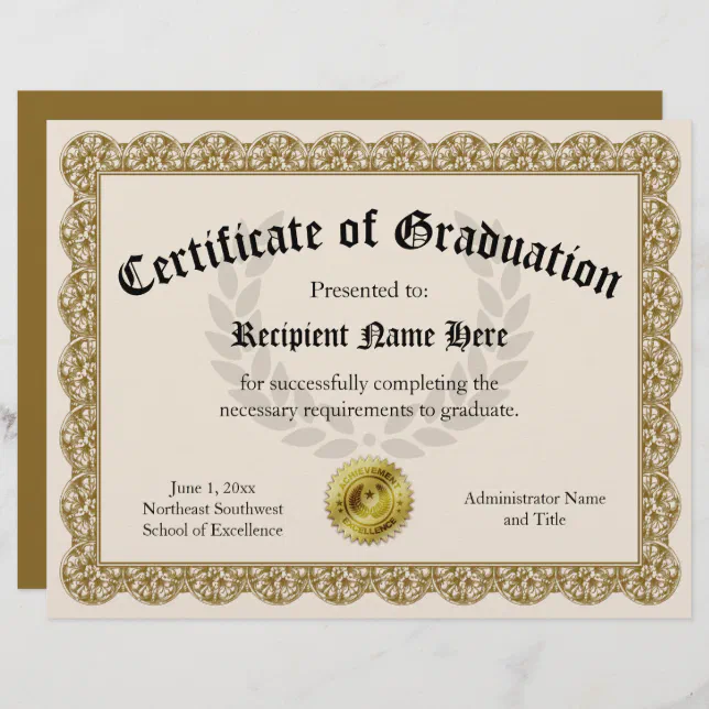 Certificate of Graduation Gold Customizable 8.5x11 | Zazzle