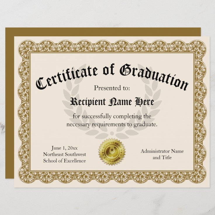 Certificate of Graduation Gold Customizable 8.5x11 | Zazzle