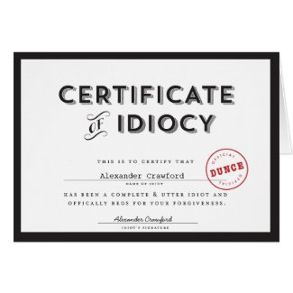 Unique Certificate of Idiocy Apology Card – Virgin eShop