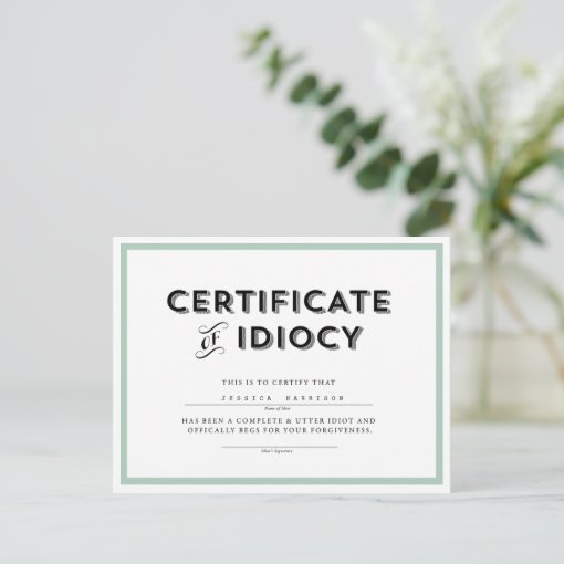 Certificate of Idiocy Apology Postcard // Aqua | Zazzle