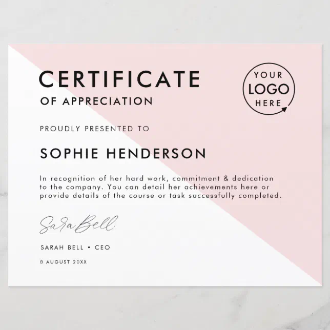 Certificate Pink Professional Logo Award Template | Zazzle