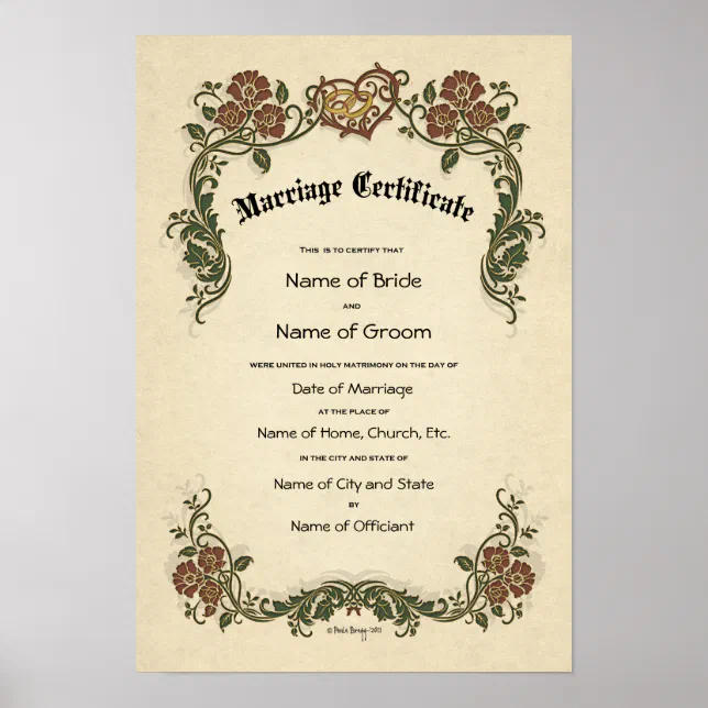 Certificate Wedding-Marriage-(Ornamental Keepsake) Poster | Zazzle