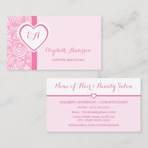 Certified Beautician Girly Pink Heart Monogram Business Card | Zazzle