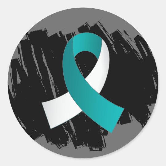 Cervical Cancer Teal White Ribbon With Scribble Classic Round Sticker ...