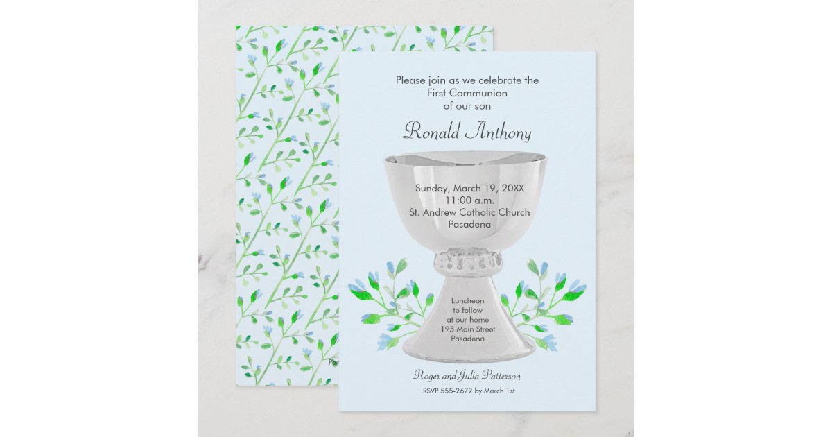Chalice Floral Boy First Communion Invitations | Zazzle