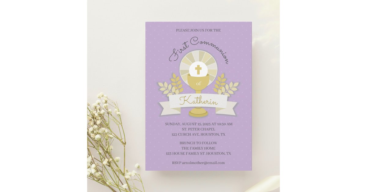 Chalice, purple first communion invitation | Zazzle