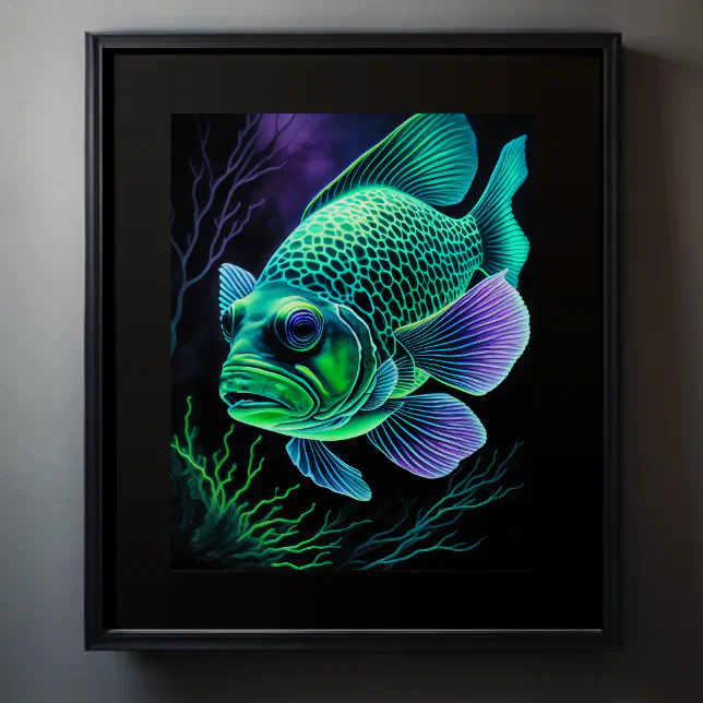 Chalk Drawing of Fish on Black Green Poster | Zazzle