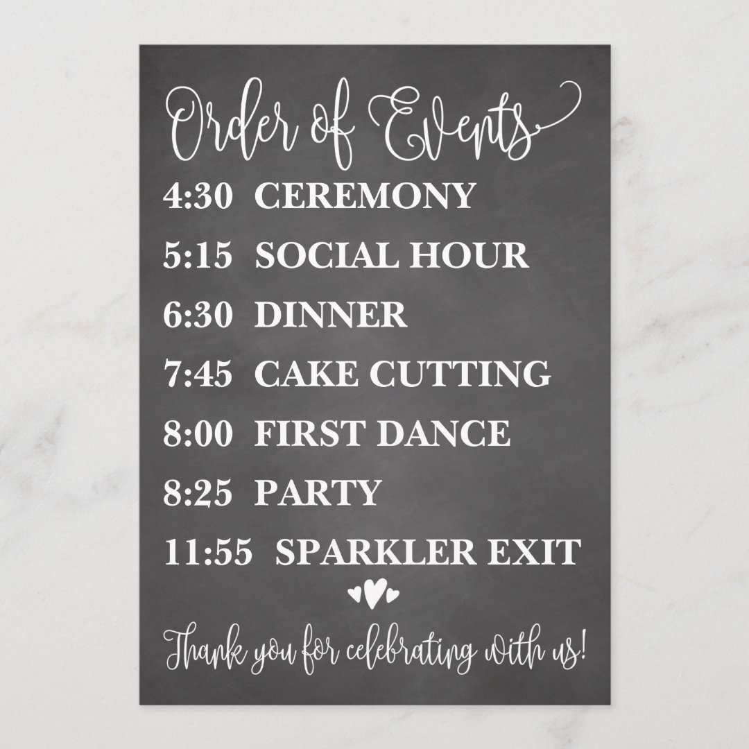 Chalk Order of Events Wedding Schedule Sign Menu | Zazzle