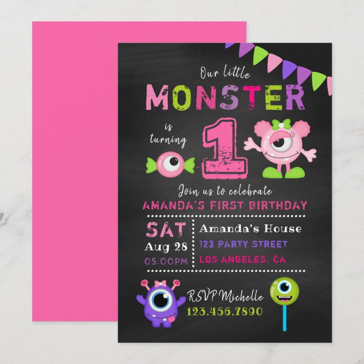 Chalkboard 1st Birthday Little Monster Girl Party Invitation | Zazzle