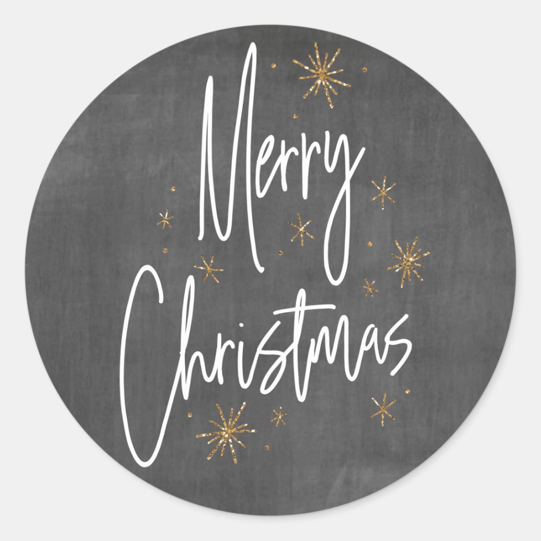 Chalkboard and Faux Gold Glitter Merry Christmas Classic Round Sticker ...